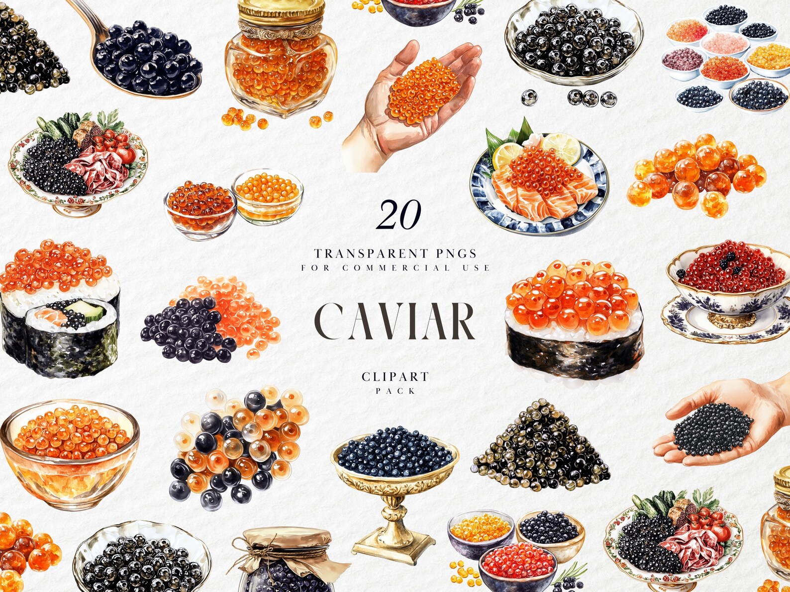 Watercolor Caviar Clipart, Black Orange Red Caviar Clipart, Luxury Fish ...