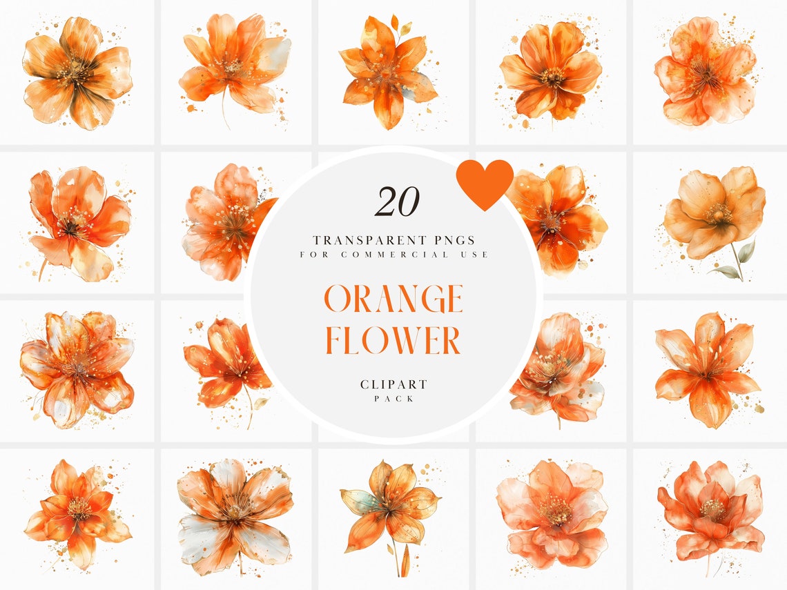 Watercolor Boho Chic Orange Flower Clipart, Transparent Sheer Flowers ...