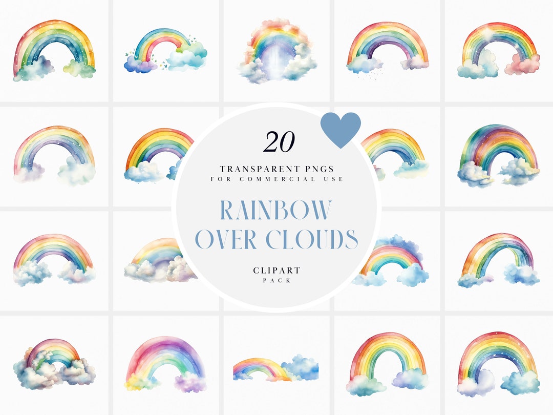 Watercolor Rainbow Over Clouds Clipart, Cute Children Nursery Decor ...