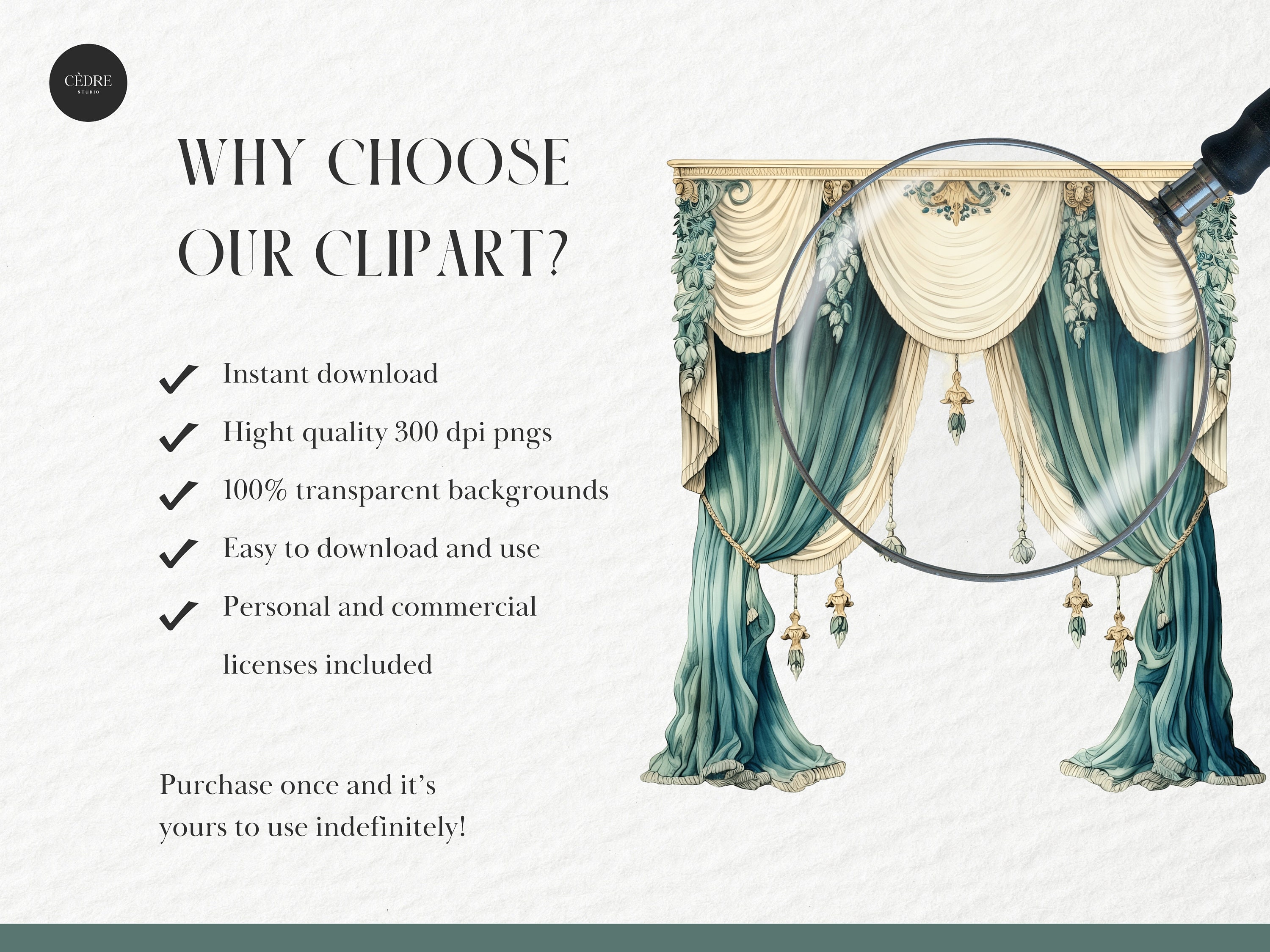 Watercolor Victorian Drapes Clipart, Retro Vintage Window Curtain ...