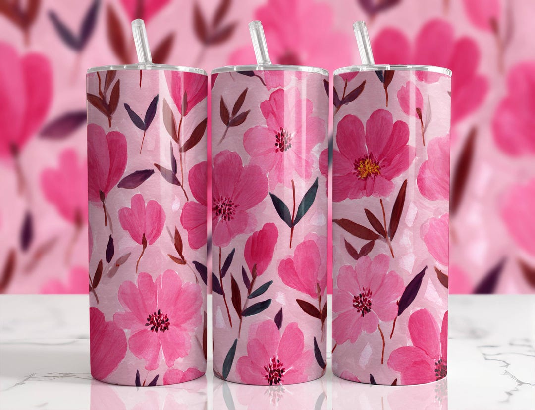 20 Oz Skinny Tumbler Wrap, Pink Flowers, Romantic Floral Art, Straight ...