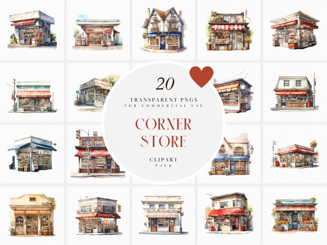 Watercolor Corner Store Clipart, Street Corner Shop, Bodega ...