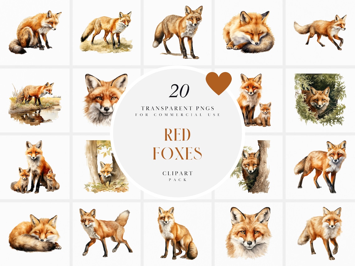 Watercolor Red Fox Clipart, Red Foxes Clipart, Woodland Fox Clipart ...