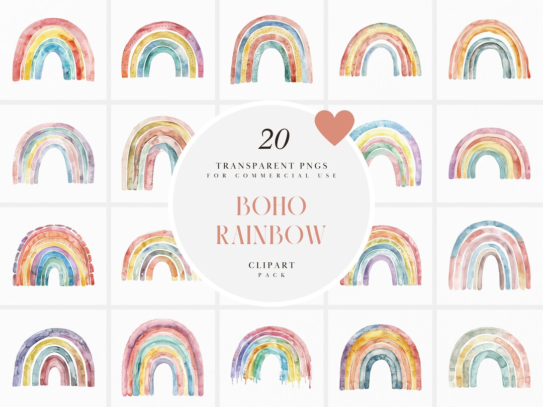 Watercolor Boho Rainbow Clipart, Cute Neutral Coloured Rainbows ...