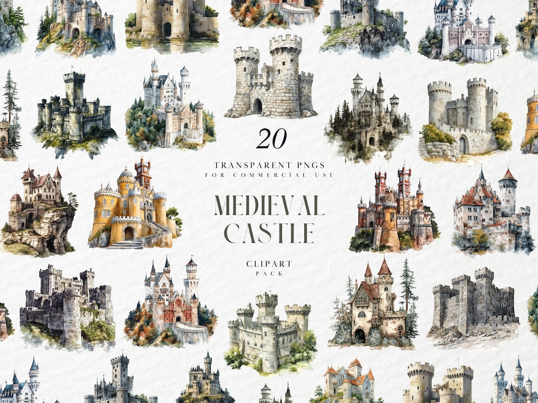 Watercolor Medieval Fort Clipart, European Royal Forts, Middle Ages ...
