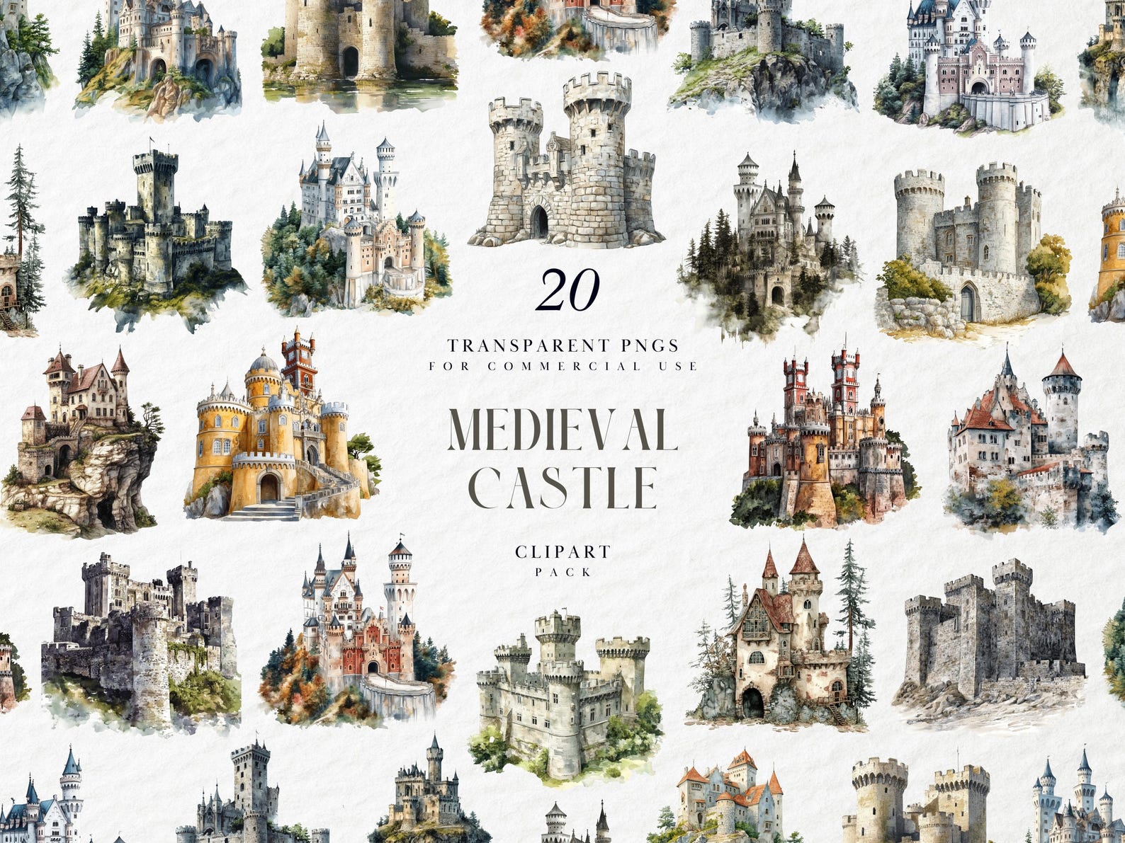 Watercolor Medieval Fort Clipart, European Royal Forts, Middle Ages ...