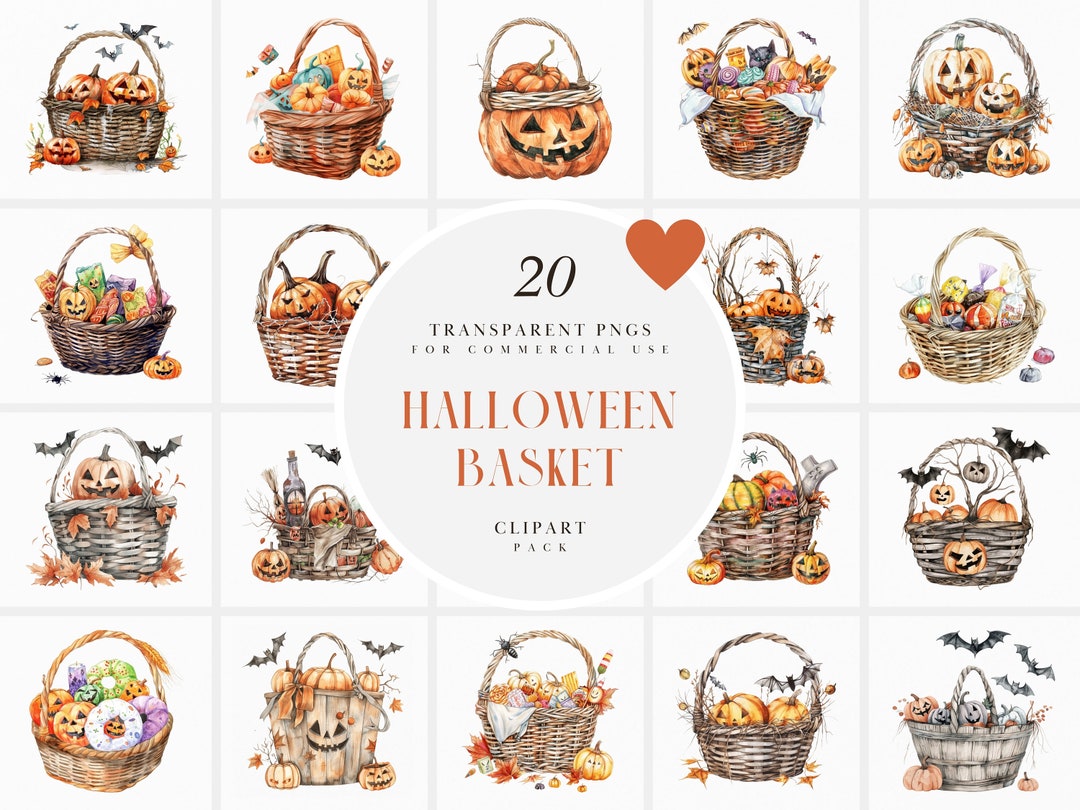 Watercolor Halloween Basket Clipart, Spooky Trick or Treat Baskets ...