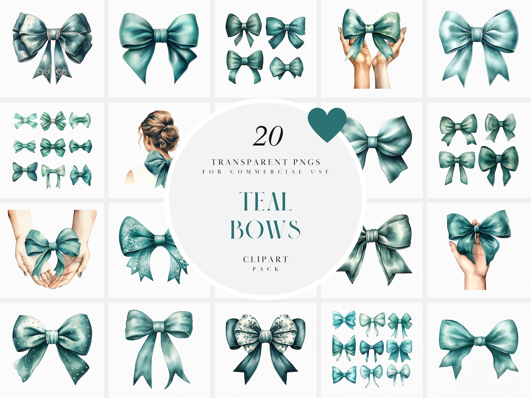 Watercolor Teal Bow Clipart, Teal Hair Bows Clipart, Teal Ribbon ...