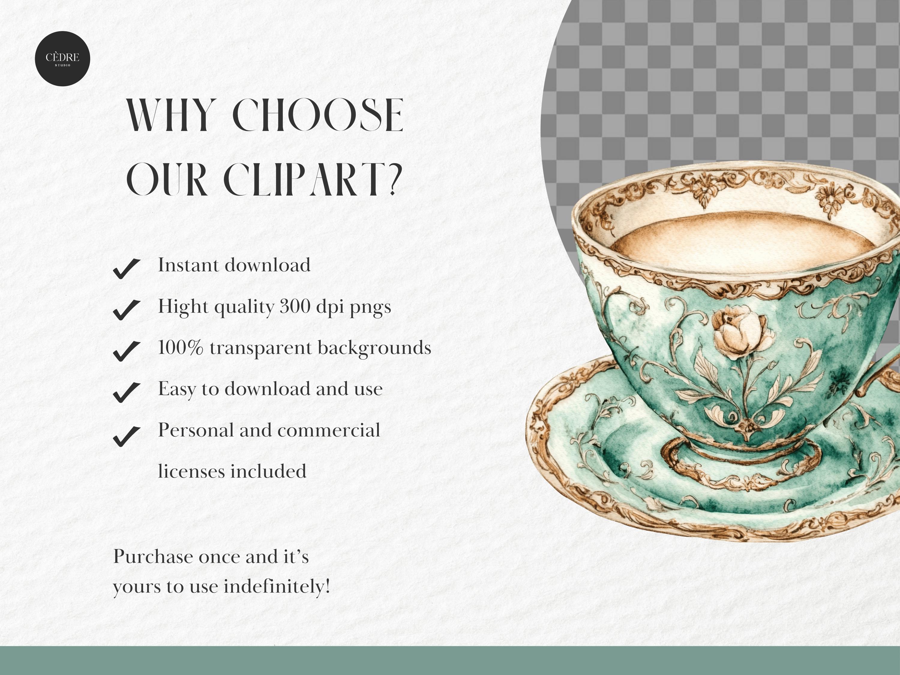 Watercolor Teal Tea Party Clipart, Vintage Floral Teacups With ...