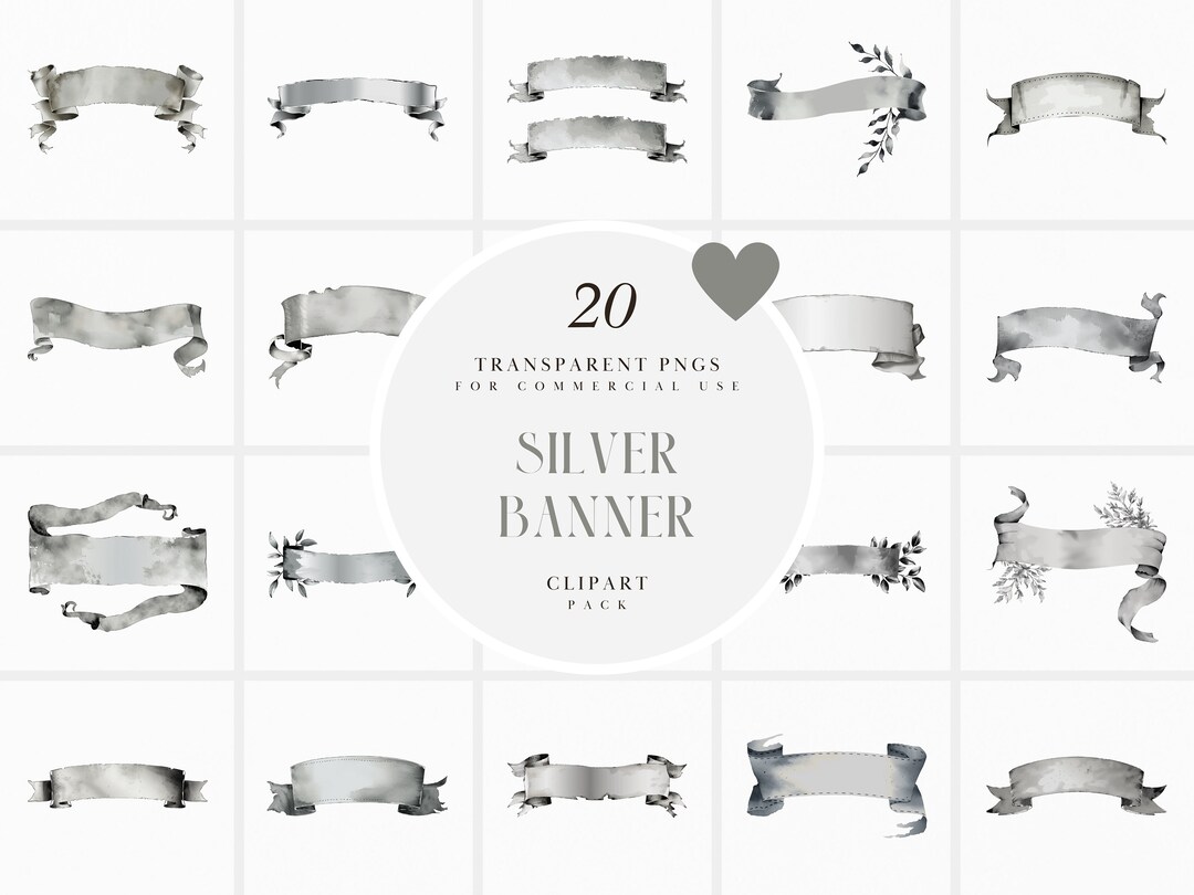 Watercolor Silver Scroll Banner Clipart, Silver Ribbon Banner Clipart ...