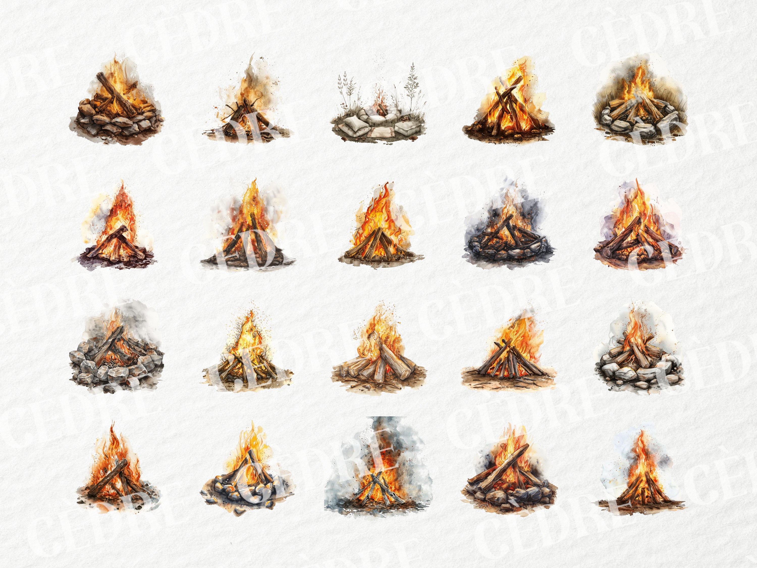 Watercolor Camp Fire Clipart, Bonfire Clipart, Flames, Camping, Mid ...