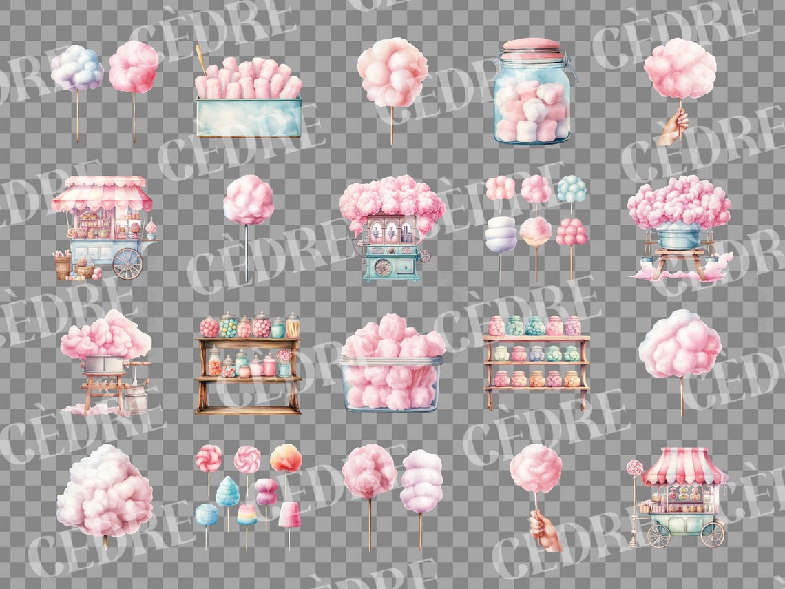 Watercolor Cotton Candy Clipart, Fluffy Cotton Candy Clipart, Pink ...