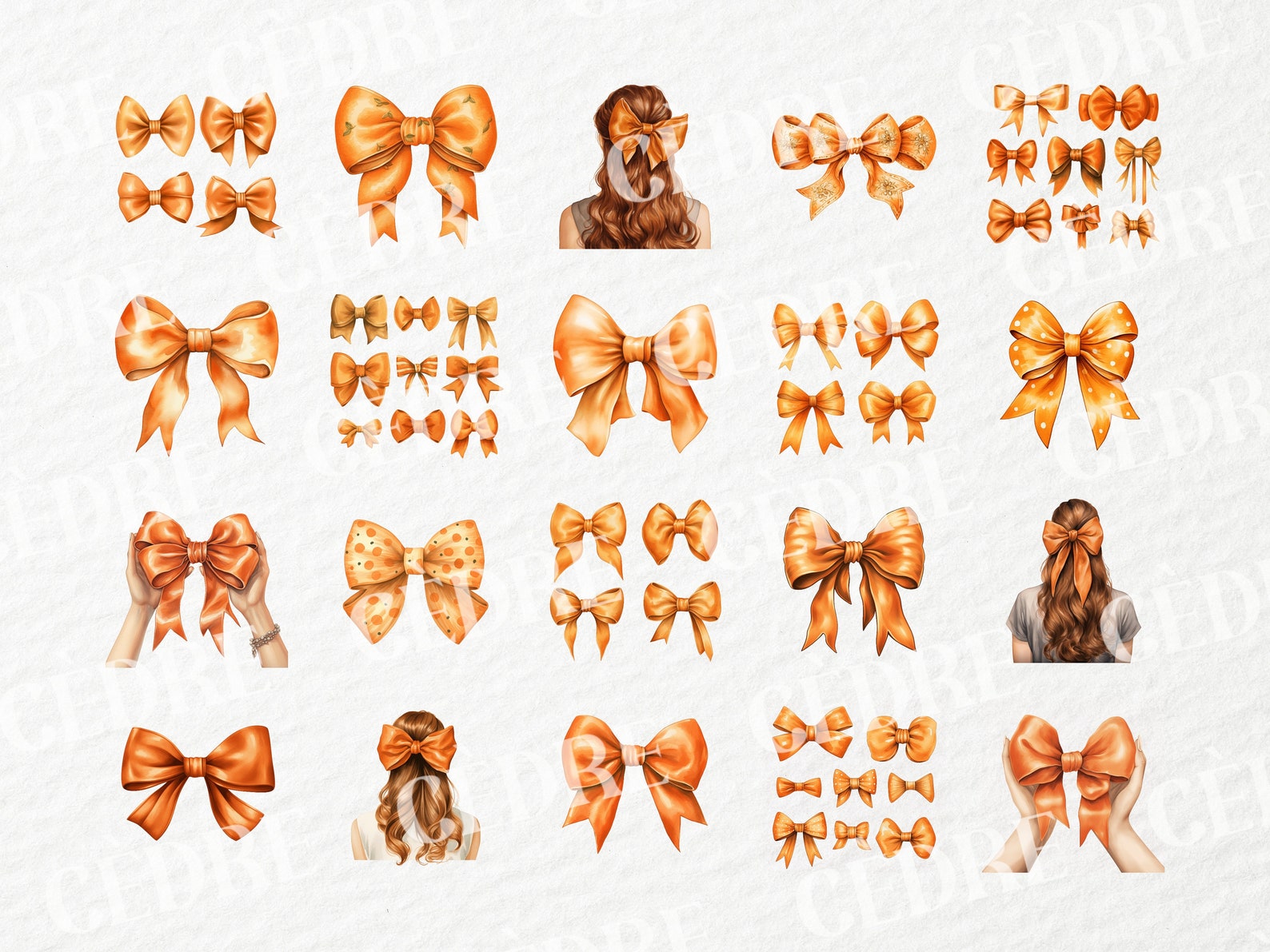 Watercolor Orange Bow Clipart, Orange Hair Bows Clipart, Orange Ribbon ...