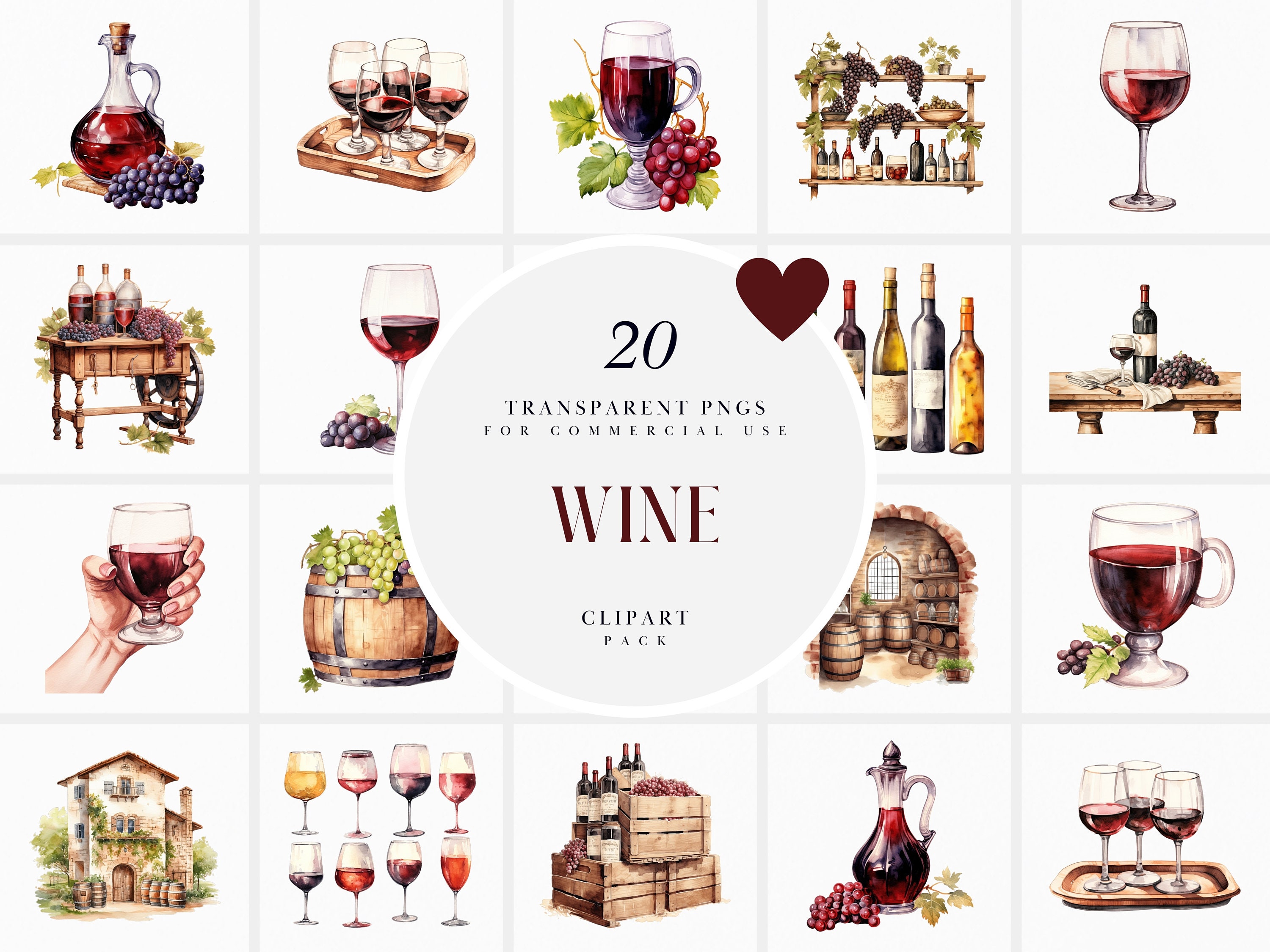 Watercolor Wine Clipart, Dark Wine Clipart, Purple Grapes Clipart, Red ...
