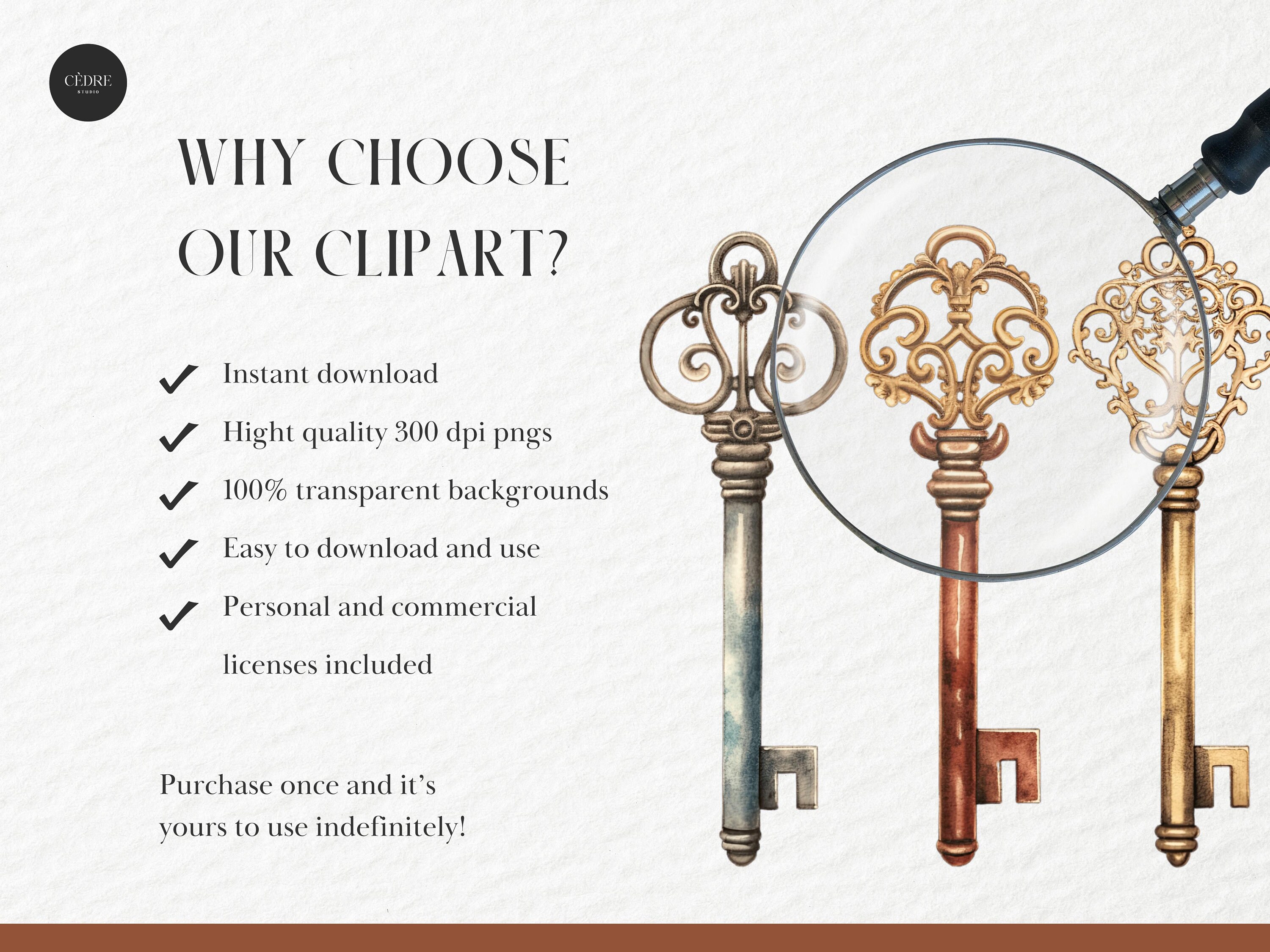 Watercolor Victorian Keys Clipart, Vintage Key Clipart, Medieval ...