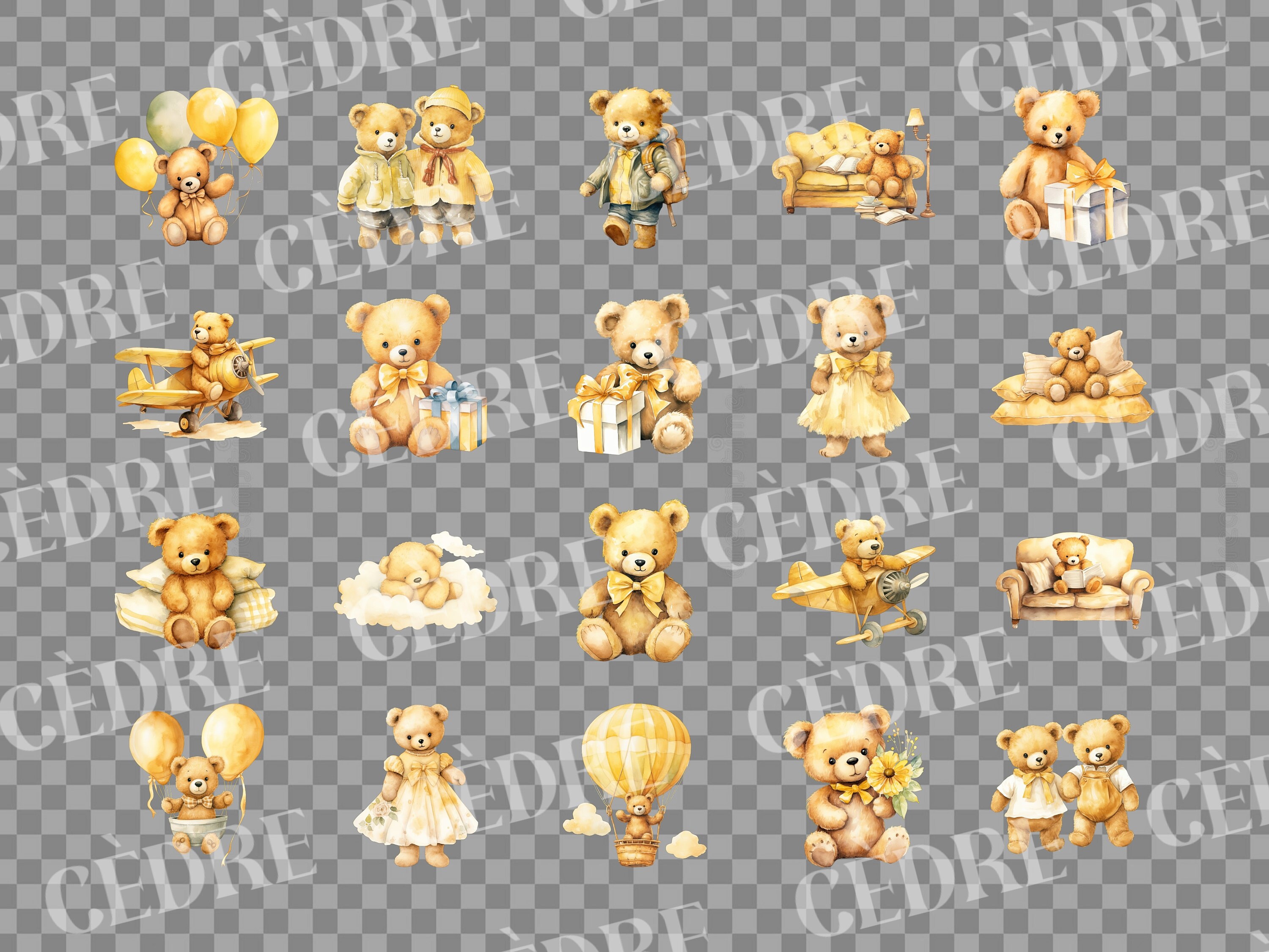 Watercolor Yellow Teddy Bears Clipart, Yellow Nursery Teddy Bear ...