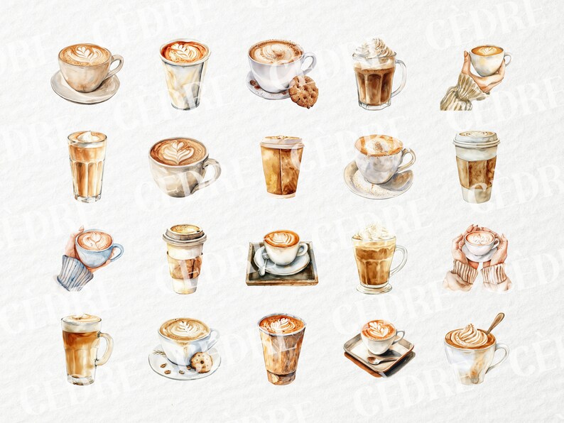 Watercolor Hot Latte Clipart, Hot Lattes Clipart, Cup of Hot Latte ...