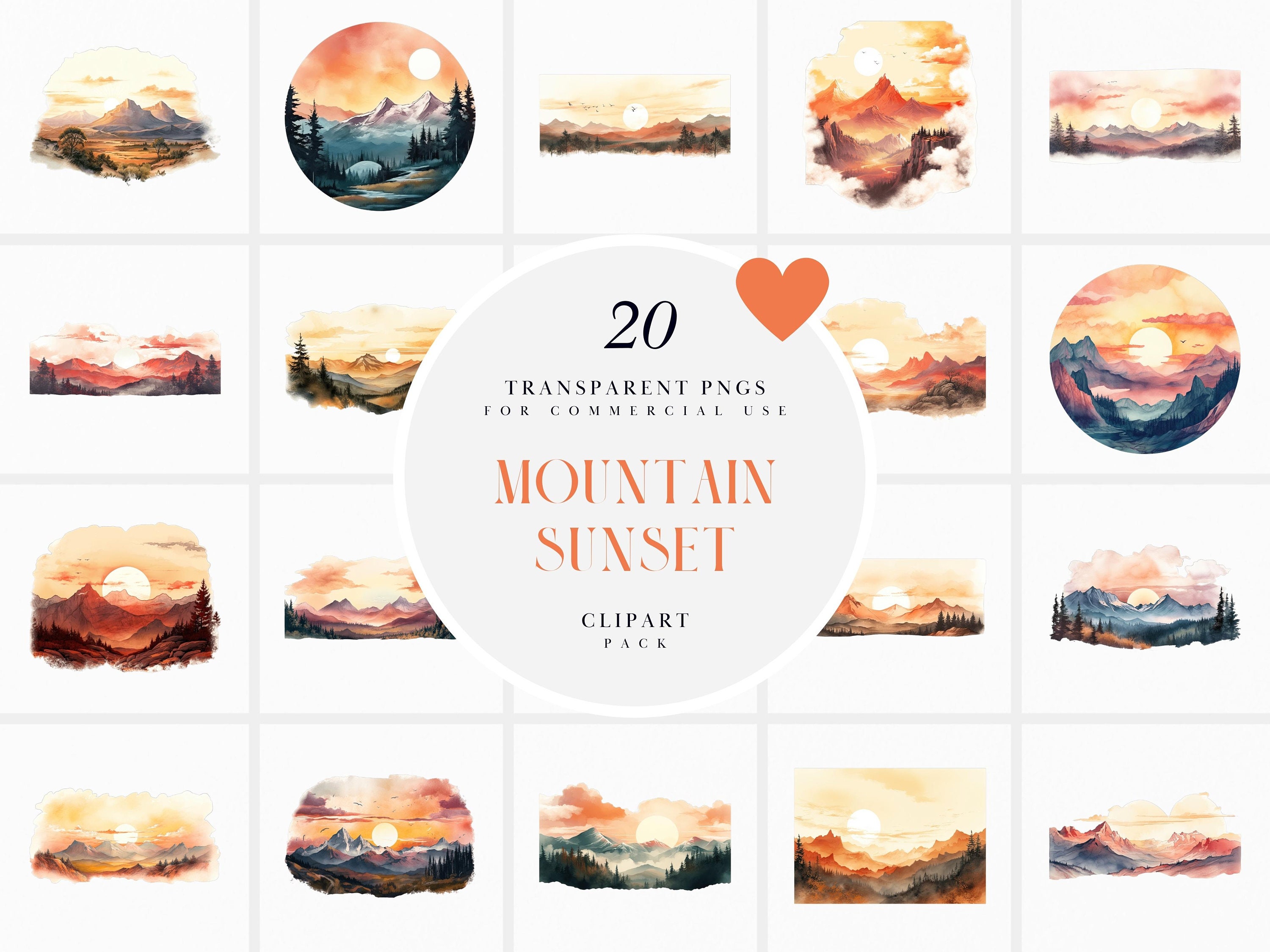 Watercolor Mountain Sunset Clipart, Sunsets Clipart, Landscape Mountain ...