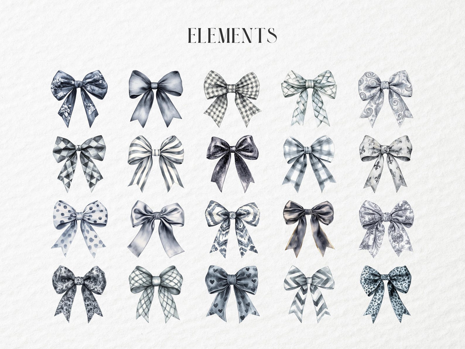 Watercolor Gray Bow Clipart, Gray Bows Clipart, Grey Ribbon Clipart ...