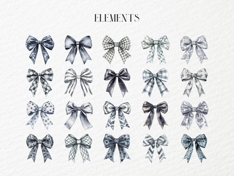 Watercolor Gray Bow Clipart, Gray Bows Clipart, Grey Ribbon Clipart ...