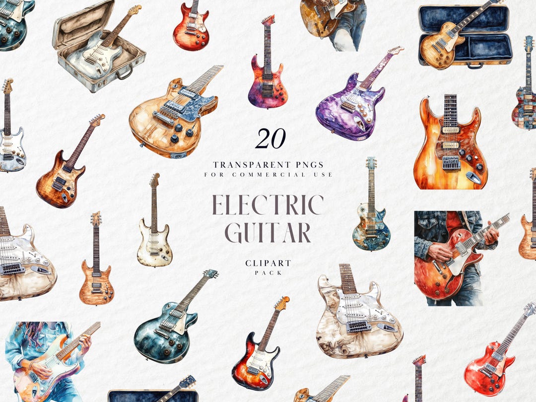 Watercolor Electric Guitar Clipart, Modern String Instruments, Heavy ...