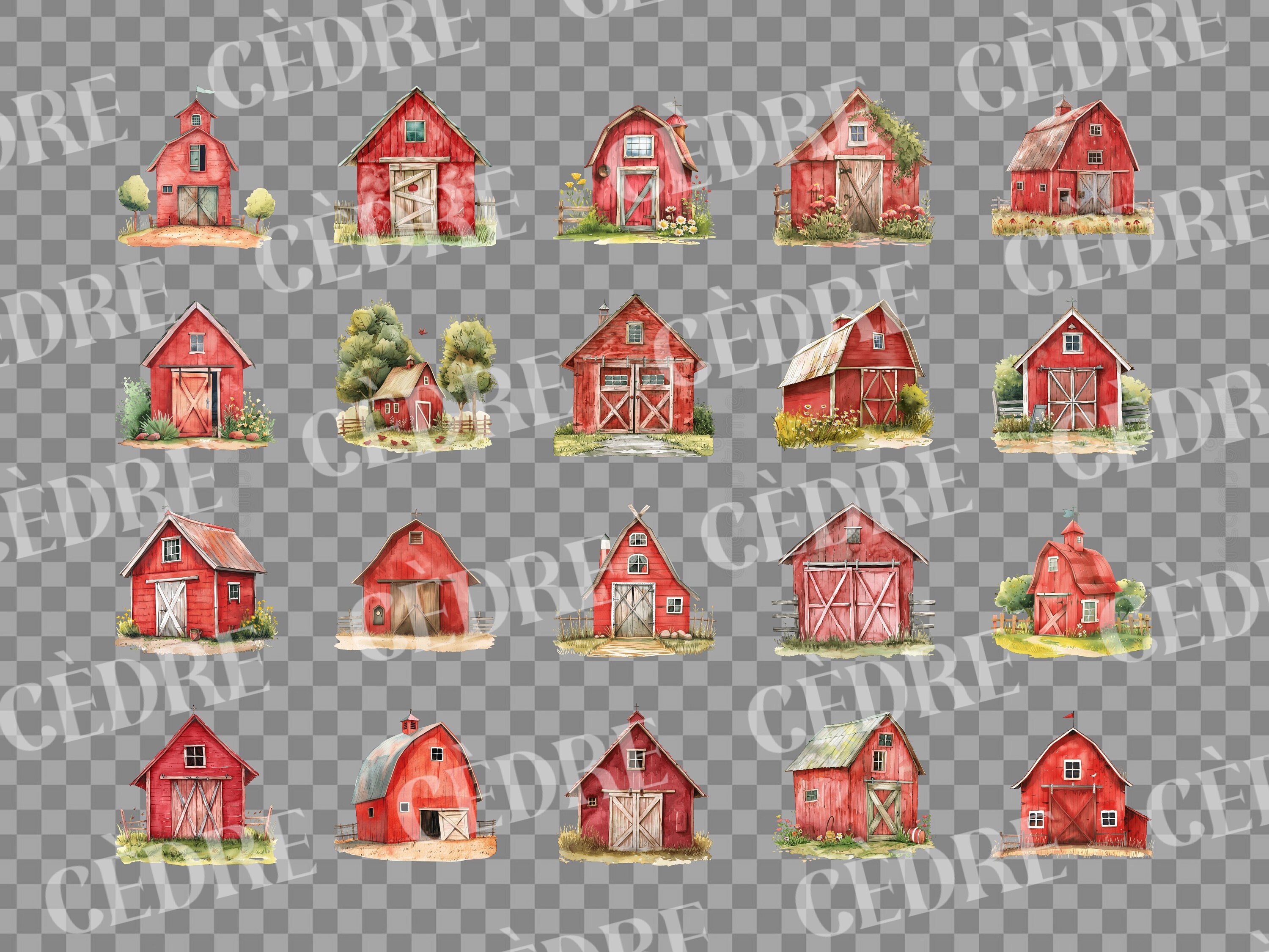 Watercolor Cute Red Barn Clipart, Cartoon Red Barn With Doors, Farm ...