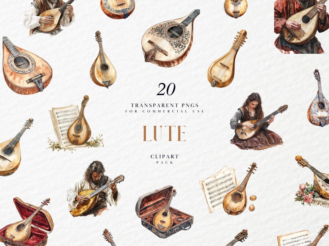 Watercolor Lute Clipart, Plucked String Instruments, Classical Music ...
