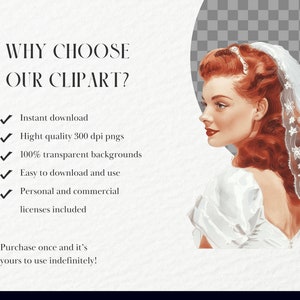 Watercolor Retro Bride Portrait Clipart, Close up Pin up Vintage Bride ...