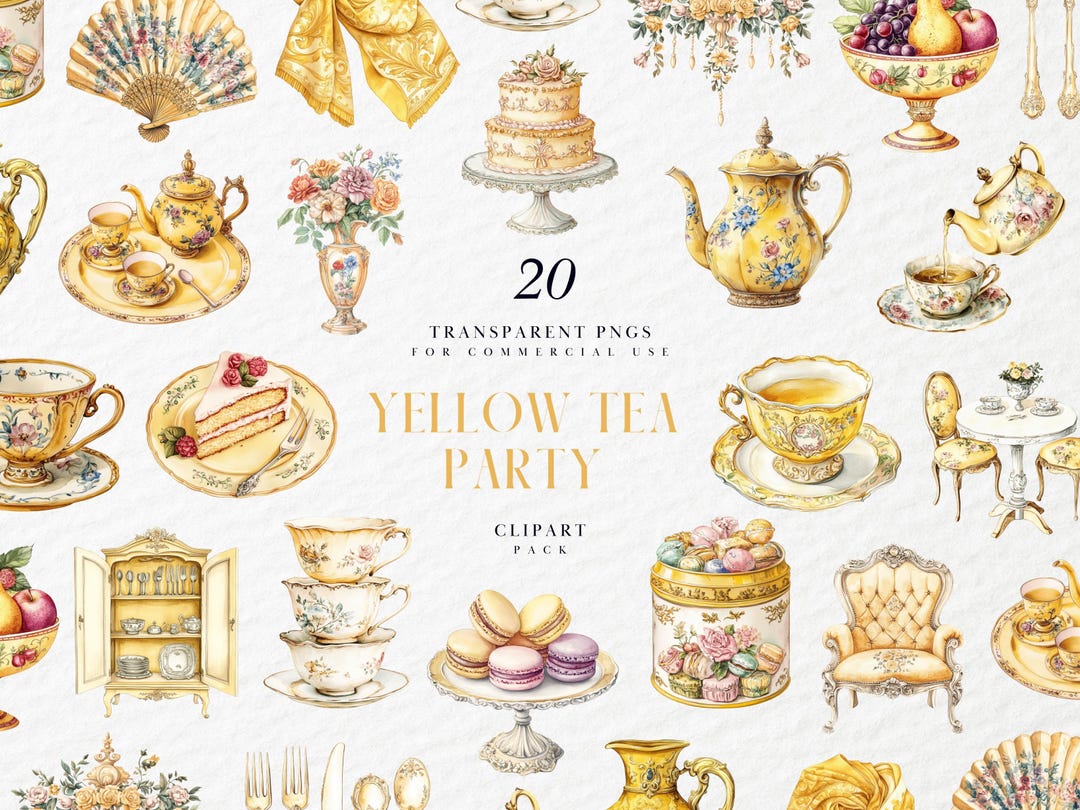 Watercolor Yellow Tea Party Clipart, Vintage Floral Teacups & Cake ...