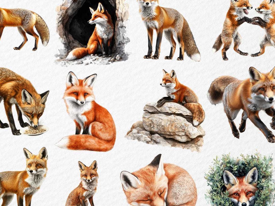 Watercolor Red Fox Clipart, Red Foxes Clipart, Woodland Fox Clipart ...