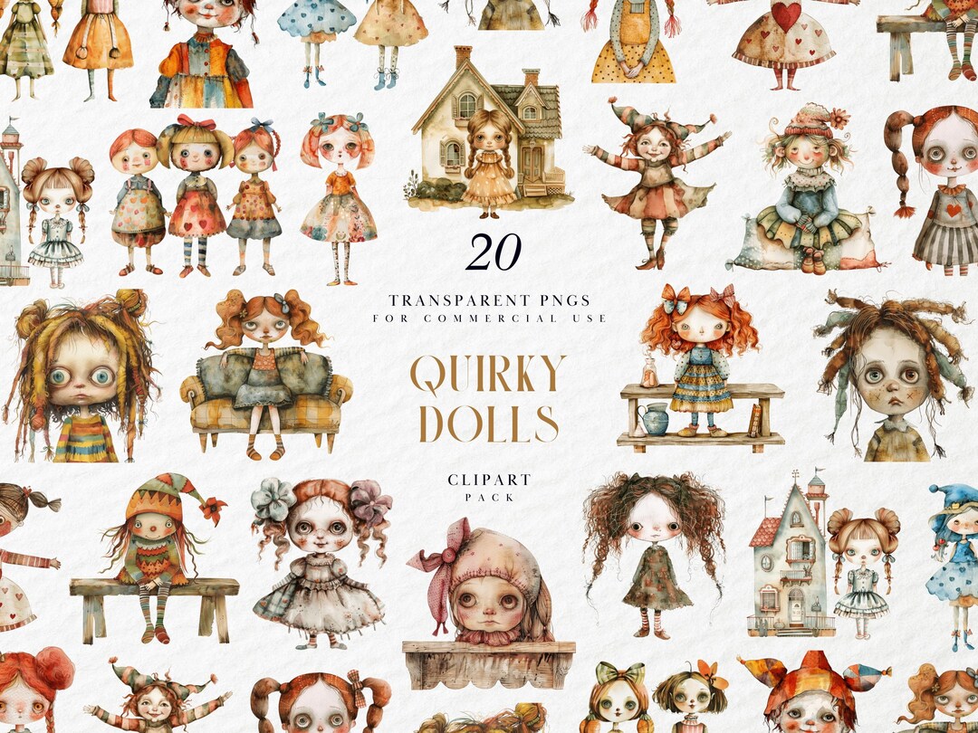 Watercolor Quirky Dolls Clipart, Peculiar Toys, Whimsical Clip Set ...