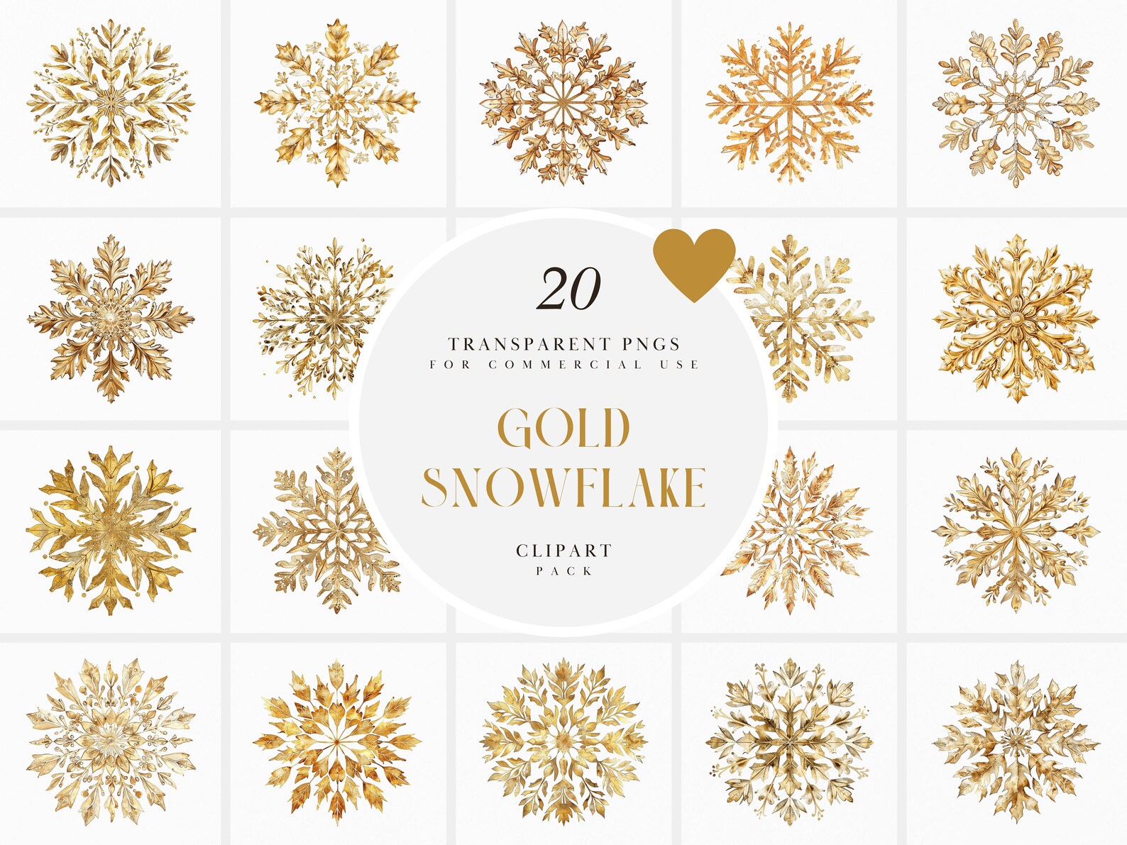 Watercolor Gold Snowflakes Clipart, Unique Golden Snowflake Clipart ...