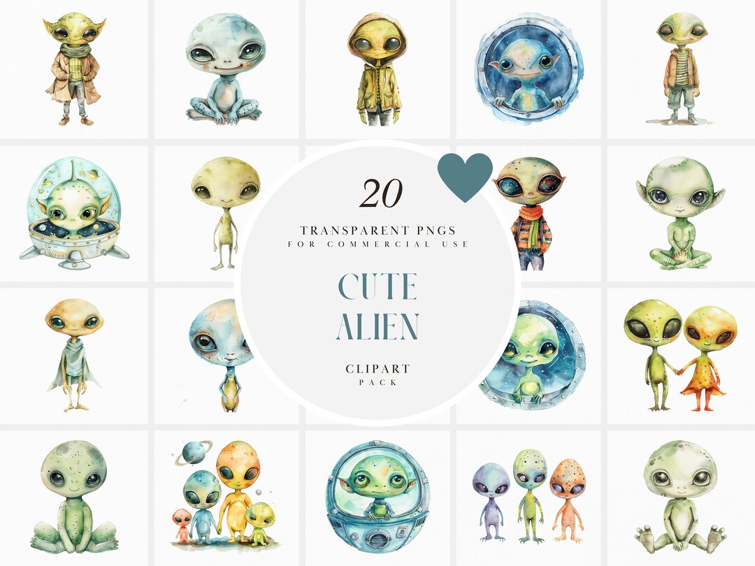 Watercolor Cartoon Alien Clipart, Adorable Cute Alien, UFO Paranormal ...