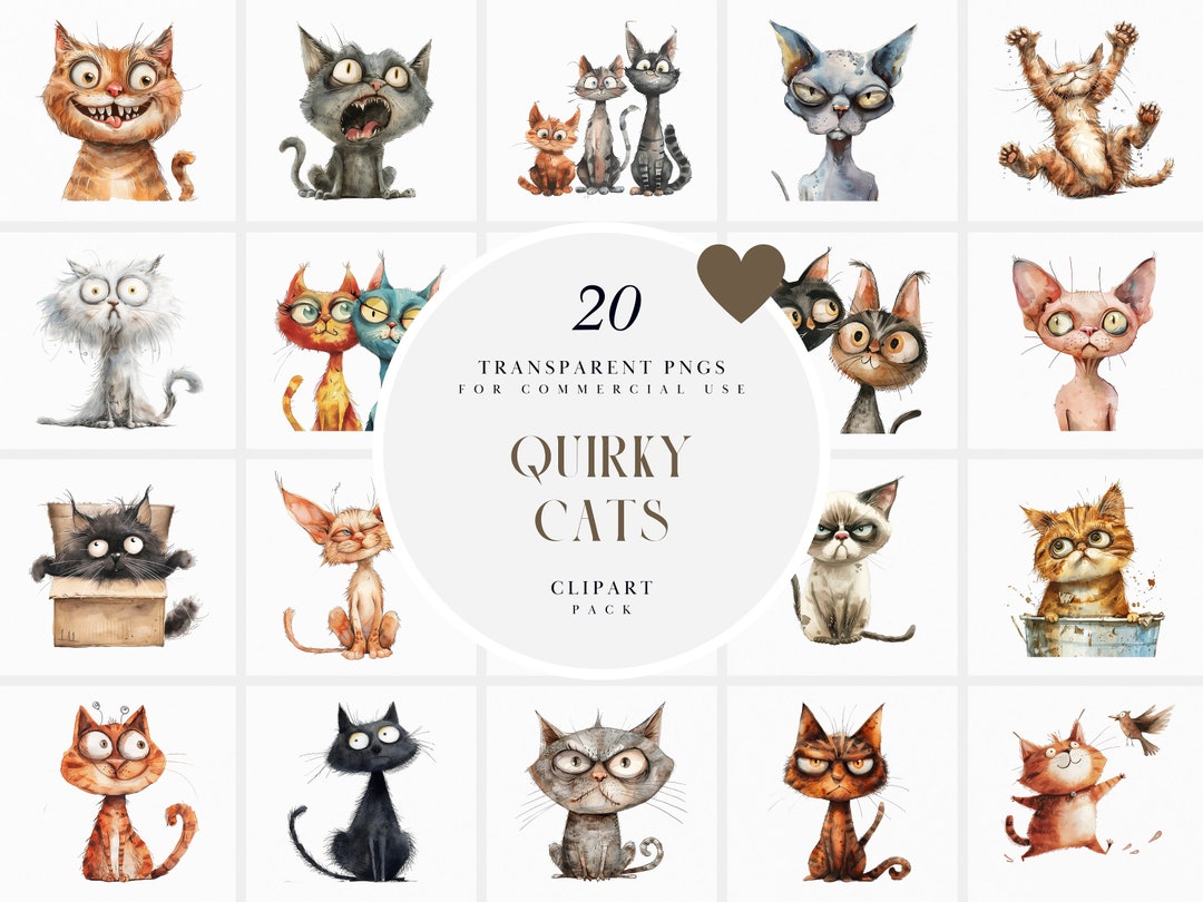 Watercolor Quirky Cats Clipart, Cute Funny Cats Clipart, Whimsical ...