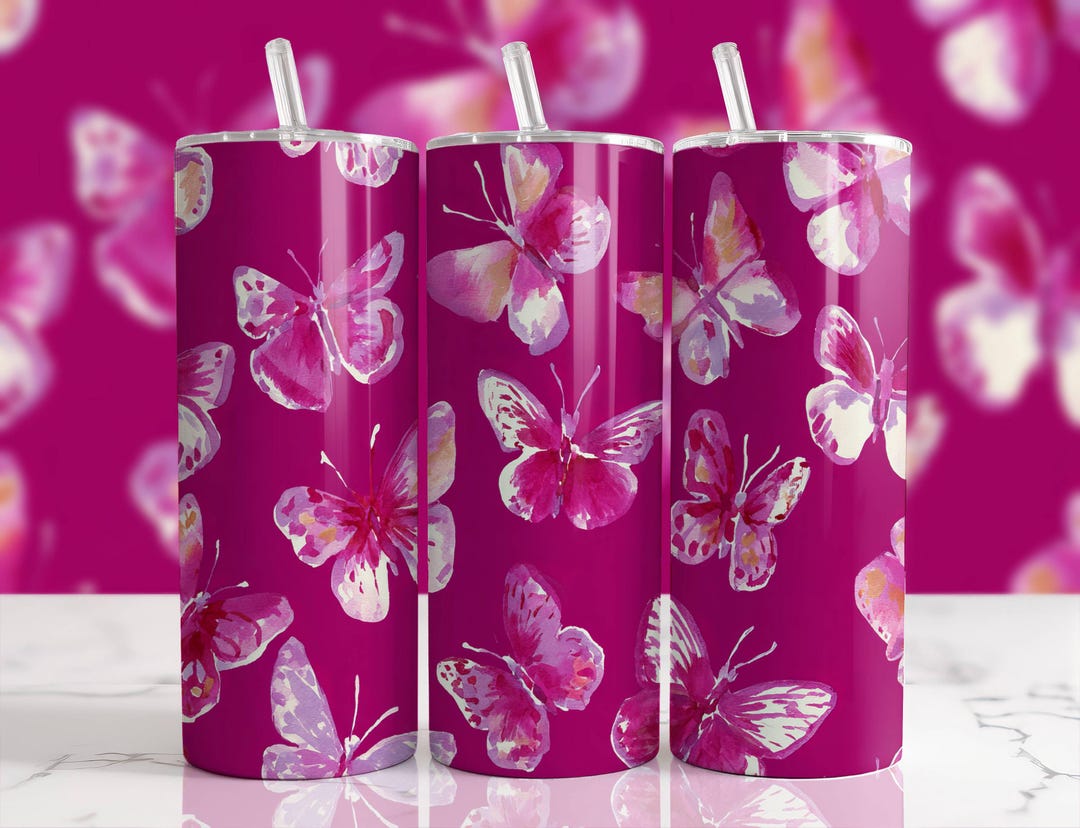 20 Oz Skinny Tumbler Wrap, Magenta Butterflies, Whimsical, Straight ...