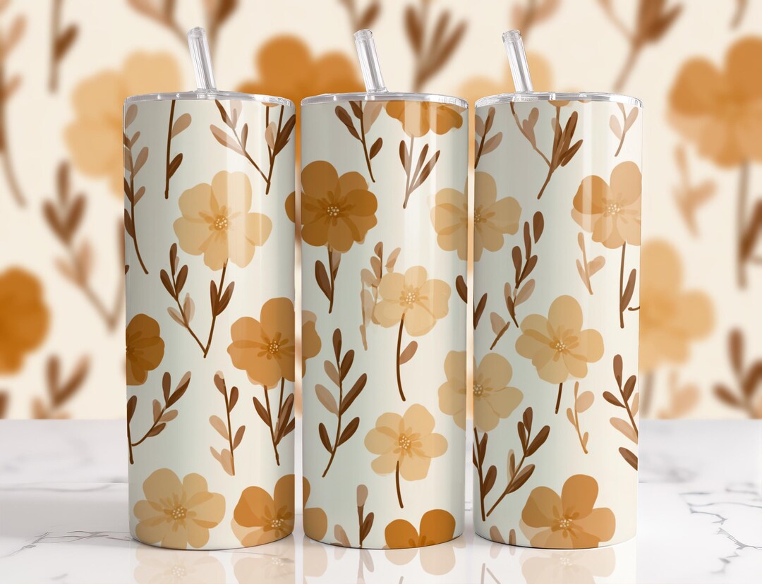 20 Oz Skinny Tumbler Wrap, Pastel Brown Flowers, Floral, Straight ...
