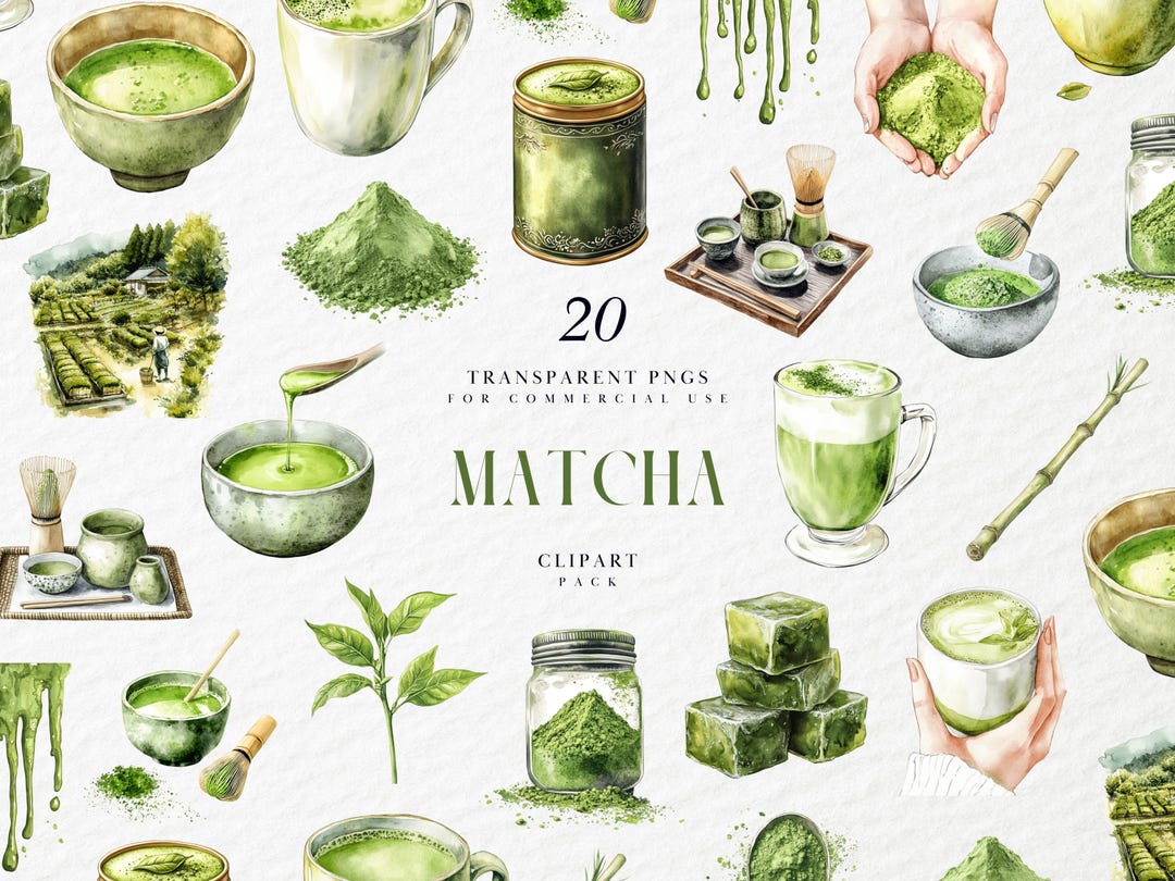 Watercolor Matcha Clipart, Green Tea, Japanese Cafe Aesthetic, Fusion ...