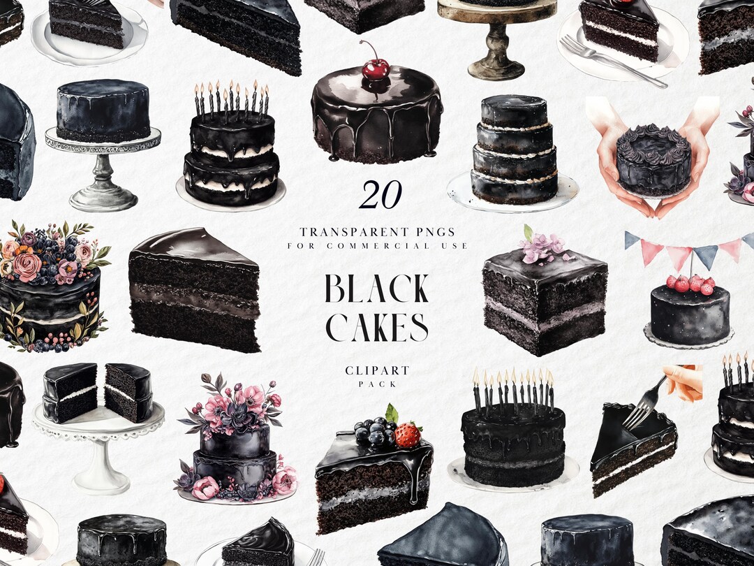 Watercolor Black Cakes Clipart, Moody Gourmet Patisserie Aesthetic ...