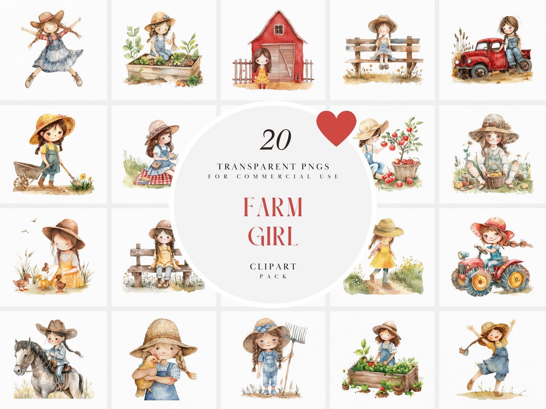Watercolor Cute Farm Girl Clipart, Cartoon Girl, Farm Life Clipart ...