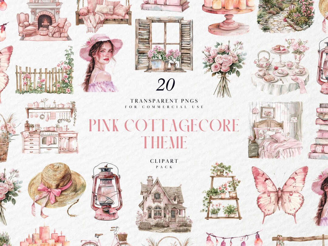 Watercolor Pink Cottagecore Clipart, Blooming Spring House Illustration ...