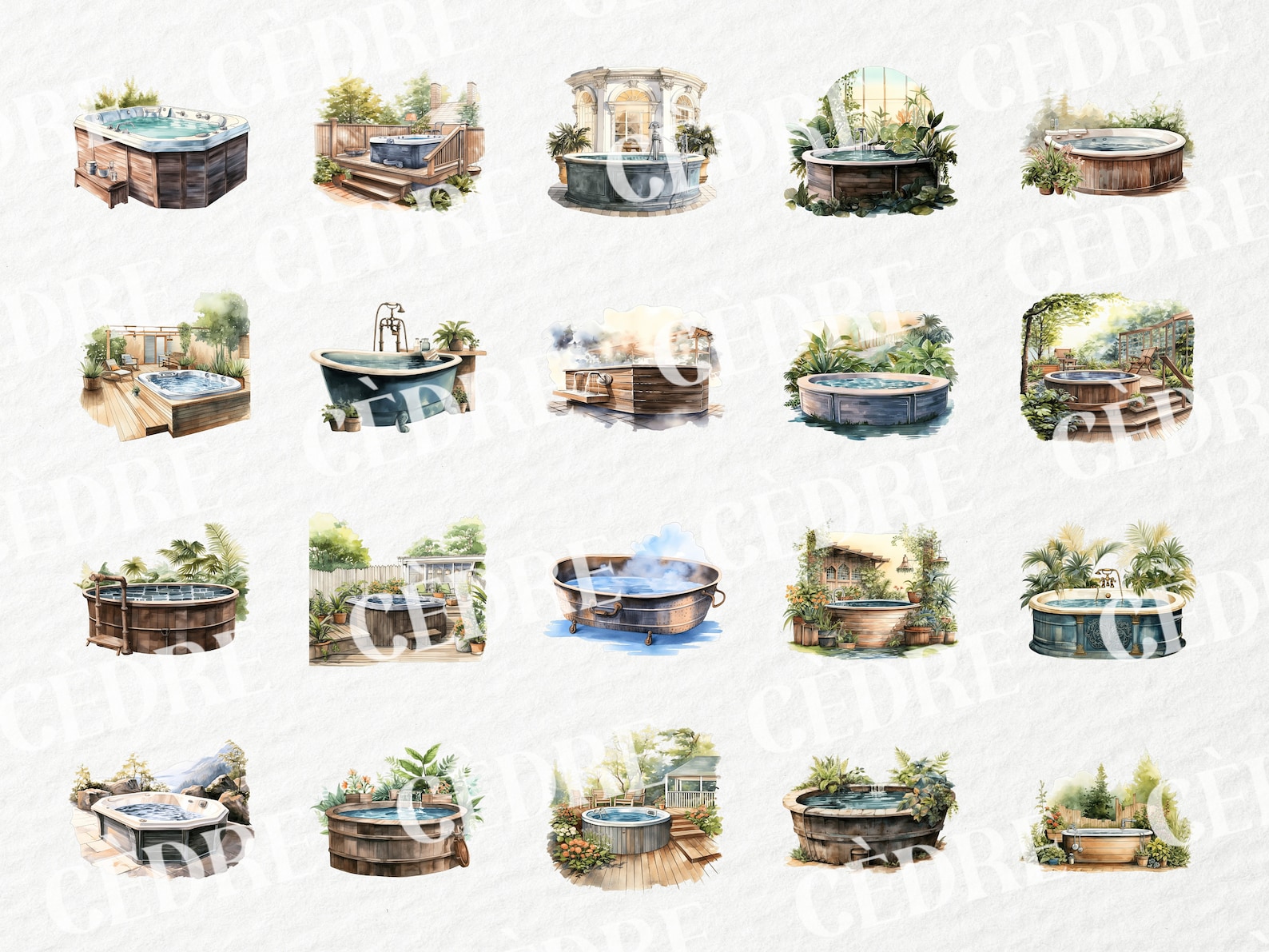 Watercolor Hot Tub Clipart, Backyard Hot Tubs Clipart, Outdoor Bath ...