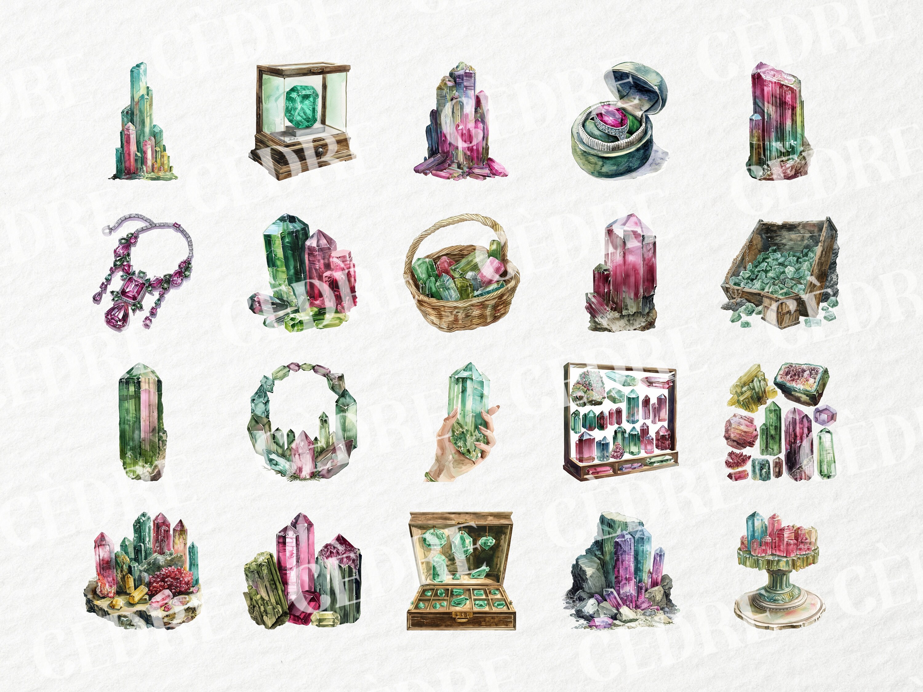 Watercolor Tourmaline Clipart, Crystal Tourmaline Stone Clipart, Purple ...