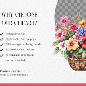 Watercolor Flower Basket Clipart, Floral Assorted Basket of Flowers ...