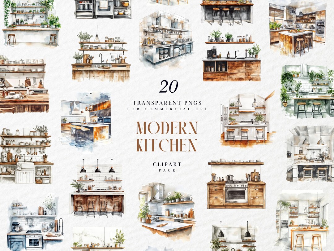 Watercolor Modern Kitchen Clipart, Clean Commerical Kitchen Clipart ...
