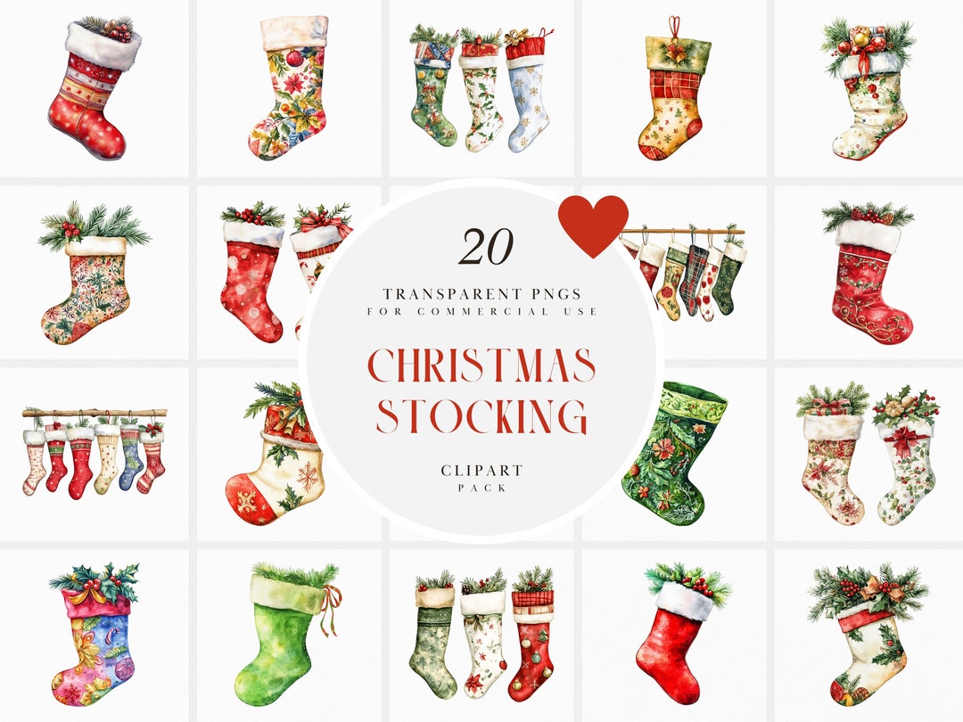 Watercolor Christmas Stockings Clipart, Patterned Stuffed Stocking ...