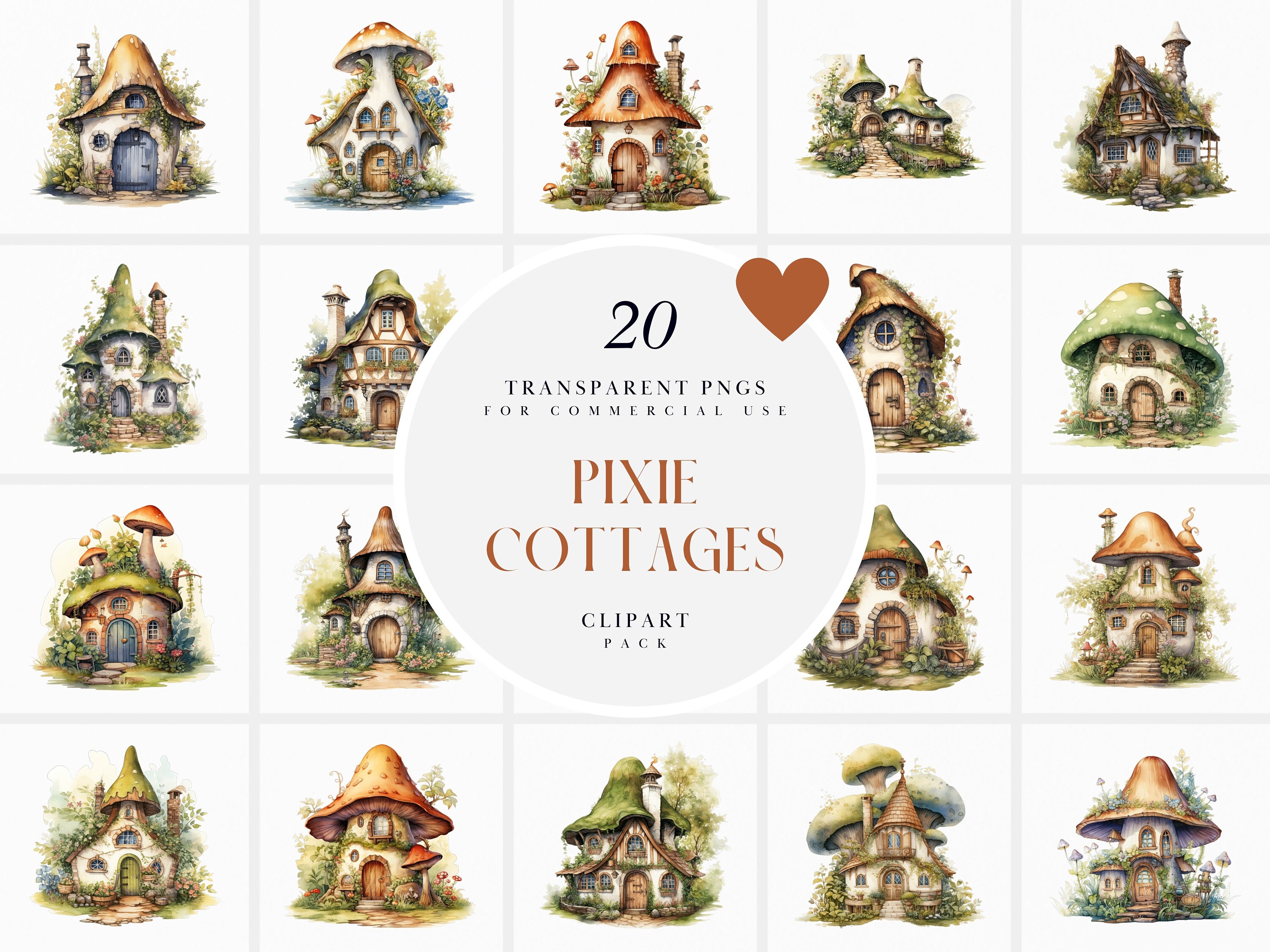 Watercolor Pixie Cottage Clipart, Pixie Cabin Clipart, Whimsical Pixie Cabins, Cute Fantasy ...