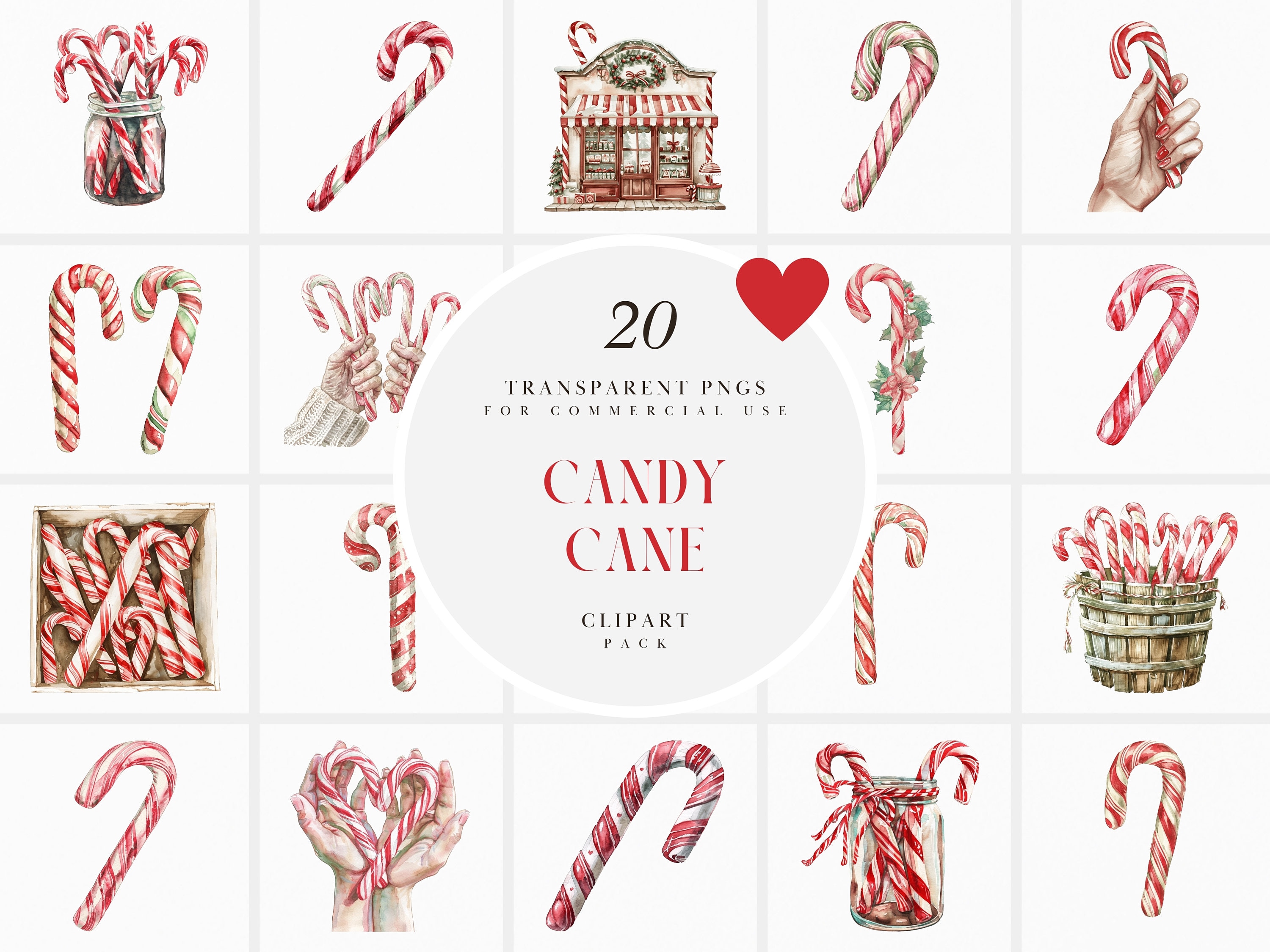 Watercolor Candy Cane Clipart, Vintage Candy Canes Clipart, Peppermint ...
