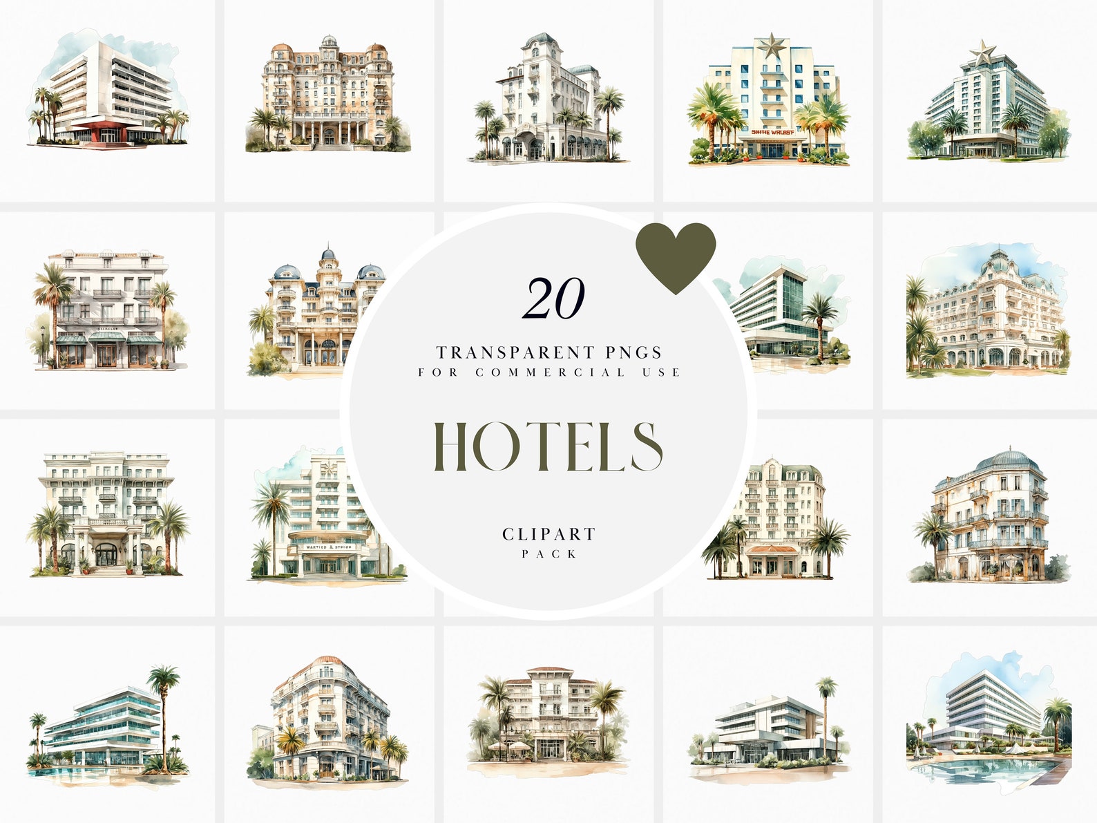 Watercolor Hotel Clipart, Vacation Hotels Clipart, Resort Travel Hotel ...