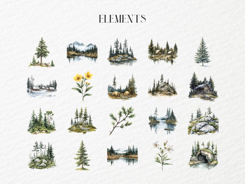 Watercolor Taiga Biome Clipart, Boreal Forest, Pine Trees, Snowy ...