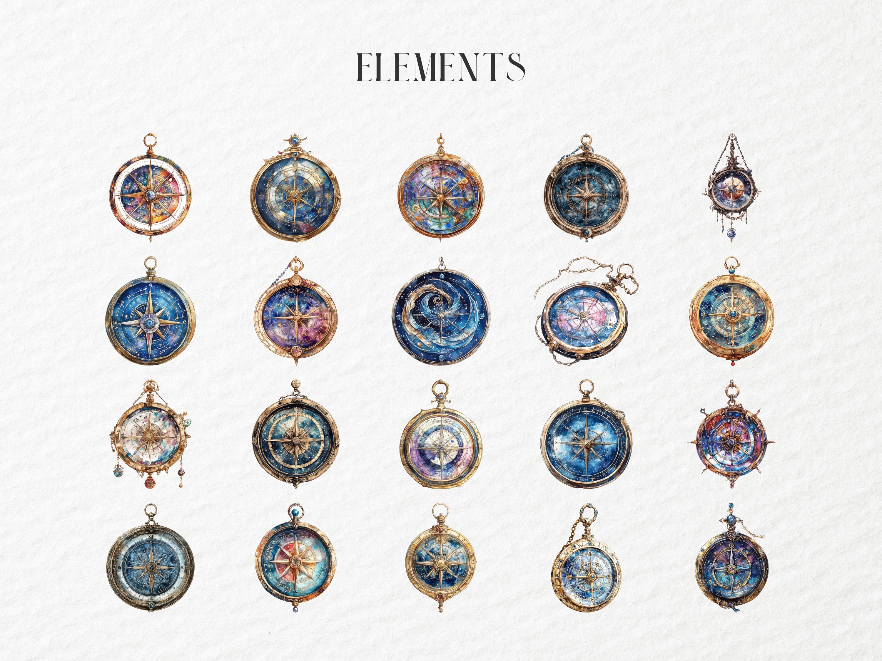 Watercolor Magical Astrolabe Clipart, Celestial Navigation Fantasy ...